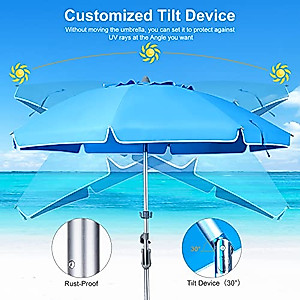Keten 6.5ft Beach Umbrella for Sand with Sand Anchor & Tilt Mechanism, Portable UPF 100+ Protection Windproof Outdoor Umbrella with Carry Bag & Four Prongs Hanging Hook for Beach，Patio, Outdoor, Blue