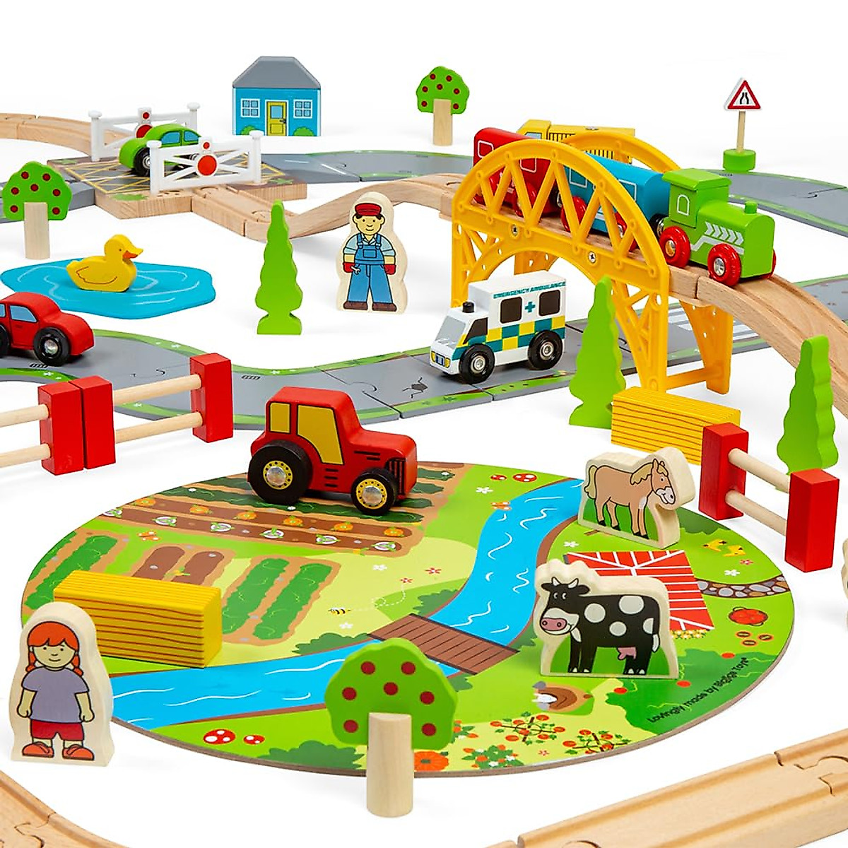 Bigjigs Rail 80 Piece Rural Road and Rail Wooden Train Set - Kids Train Set with 80 Bigjigs Train Accessories incl. Bridges & a Level Crossing for Pretend Play