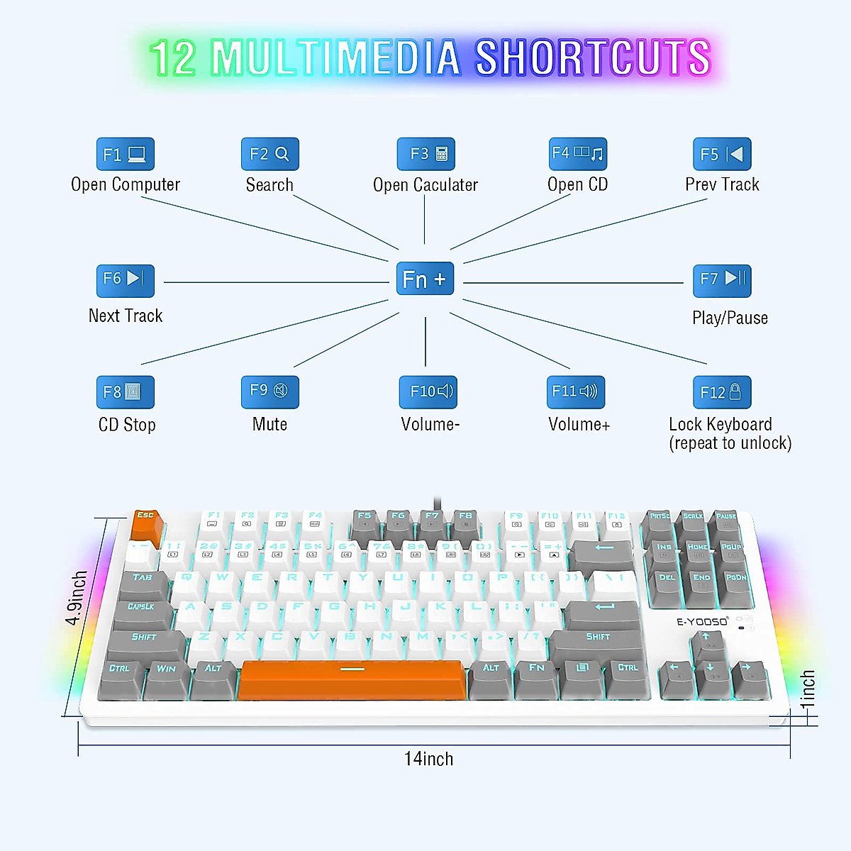Mechanical Gaming Keyboard, Wired Mechanical Keyboard with Red Switches, 87 Keys Gaming Keyboard with Solid Color Backlit & RGB LED Sidelight for Windows Mac PC Gaming (Color : Brown Switches)