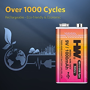 HW 9V Li-ion Rechargeable Battery, 9 Volt/1000mAh(9000 mWh) Long Lasting Rechargeable Batteries with Micro-USB, 1000 Cycles Charge, 1.5 Hrs Fast Charging, LED Indicator, 1 Pack
