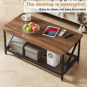 VECELO Coffee Table with 2-Tier Storage Shelf X-Frame for Living Room Office Industrial Style, Easy Assembly, Brown