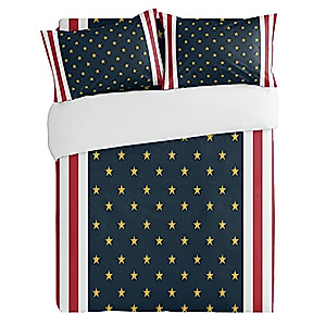 3 Pieces Twin Bedding Duvet Cover Sets,4th of July Gold Star on Navy Blue Ultra Soft Bed Set with 2 Pillow Shams for Bedroom Patriotic Red White Stripe,Luxury Washed Quilt Covers for All Season