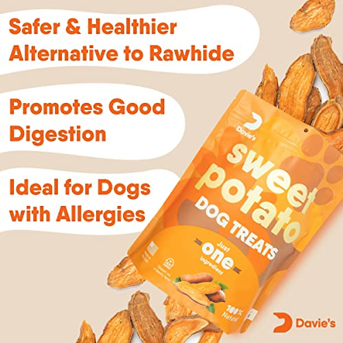 Davie's Sweet Potato Dog Treats, Made in The USA, High in Fiber, Grain Free, Vegan, No Preservatives, Vegetarian Alternative to Rawhide Chews, Rich in Vitamins, Large 1 lb. Bag