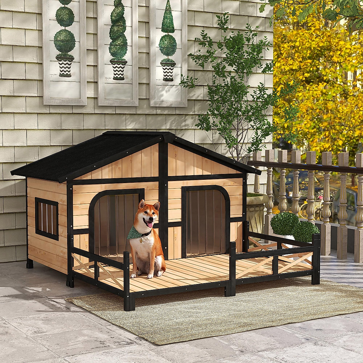 PawHut Wooden Large Dog House Outdoor Double XL Dog Kennel with Elevated Floor and Porch, Weatherproof Puppy Shelter for Small and Medium Breed Dogs, Natural
