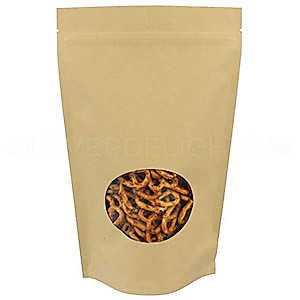 CleverDelights Kraft Window Stand Up Pouches - 16oz - 100 Pack - 7" x 11.5" x 4" - Resealable Bag