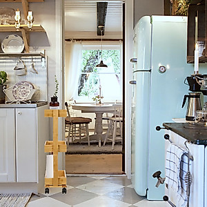 TOPZEA Slim Storage Cart, 3-Tier Bamboo Rolling Utility Cart Standing Rack on Wheel, Mobile Shelving Unit Organizer Serving Trolley Slide Out Cart for Office Bathroom Kitchen Laundry Room(Upgraded)