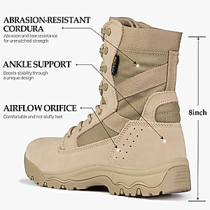 FREE SOLDIER Men's Tactical Boots 8 Inches Lightweight Combat Boot Durable Suede Leather Military Work Boots Desert Boot (Tan, 10.5)