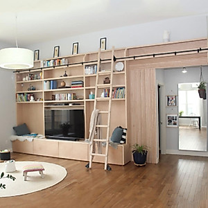 Sliding Library Ladder Hardware (No Ladder) Sliding Hardware Rustic Black Rolling Library Track (No Ladder) Kit, with Floor Roller Wheels, Sliding Barn Door Kit 3.3ft-20ft, Round Tube Mobile Ladder Tr