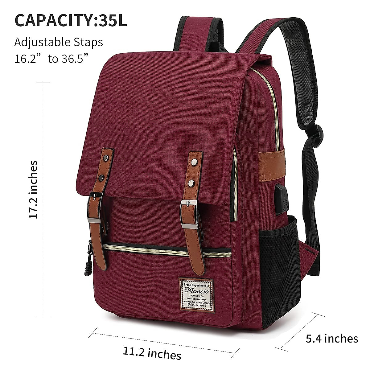 Mancio Vintage Slim Laptop Backpack for Women Men,Tear Resistant Business College Bag with USB Charging Port,Fits up to 15.6Inch Laptop in Red