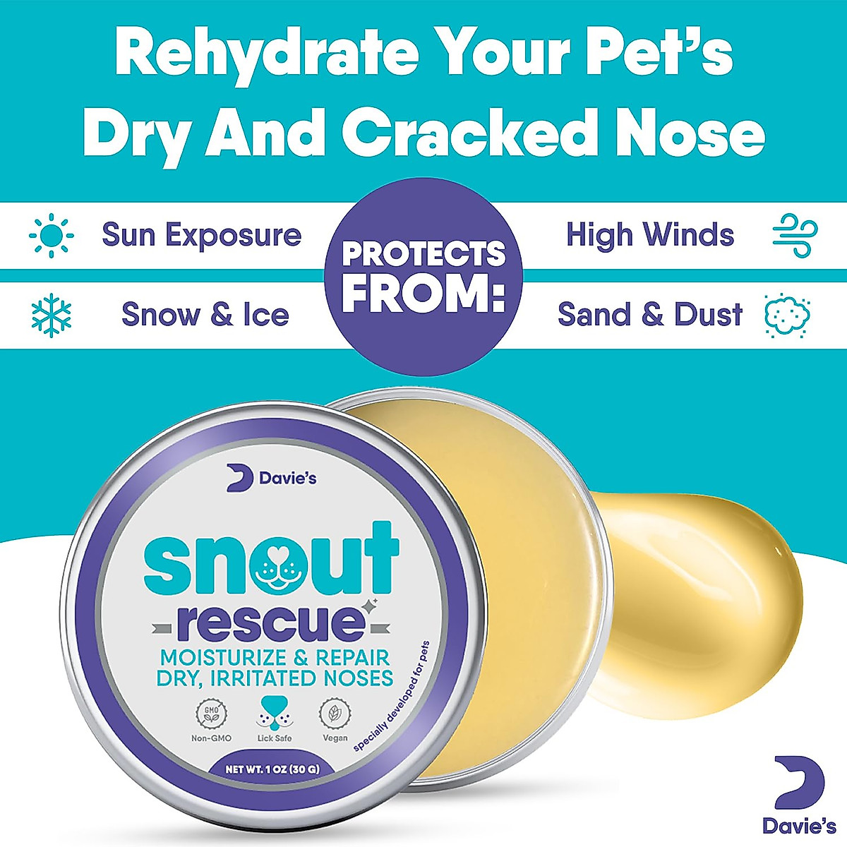 Davie's Snout Rescue - Dog Nose Balm for Dry Nose, All-Natural Dog Paw Pad Balm, Paw Balm Dogs Lick Safe, Snout Soother for Dogs and Cats, Paw Soother for Dogs, Made in USA - 1oz