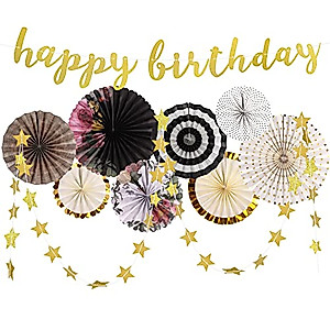 Birthday Decorations, Birthday Decorations for Women and Men Happy Birthday Banners Black Flowers Paper Fans Gold Star Garland for Anniversary Vintage Tea Birthday Party Supplies