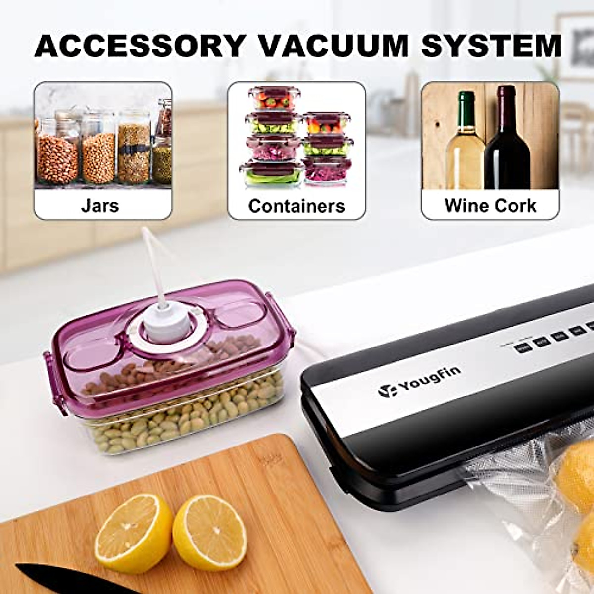 Yougfin Vacuum Sealer Machine, Dry & Moist Food Sealer with 6-in-1 Easy Operations for Food Storage and Sous Vide, Automatic Sealer Machine with 10 Sealer Bags, Touch Screen Design