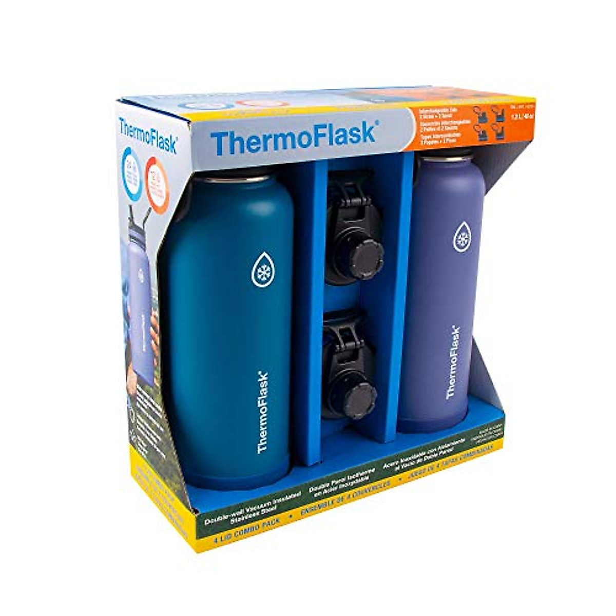 ThermoFlask Double Wall Vacuum Insulated Stainless Steel Water Bottle, 40 Ounce, 2-Pack, Superior Blue/Mauve