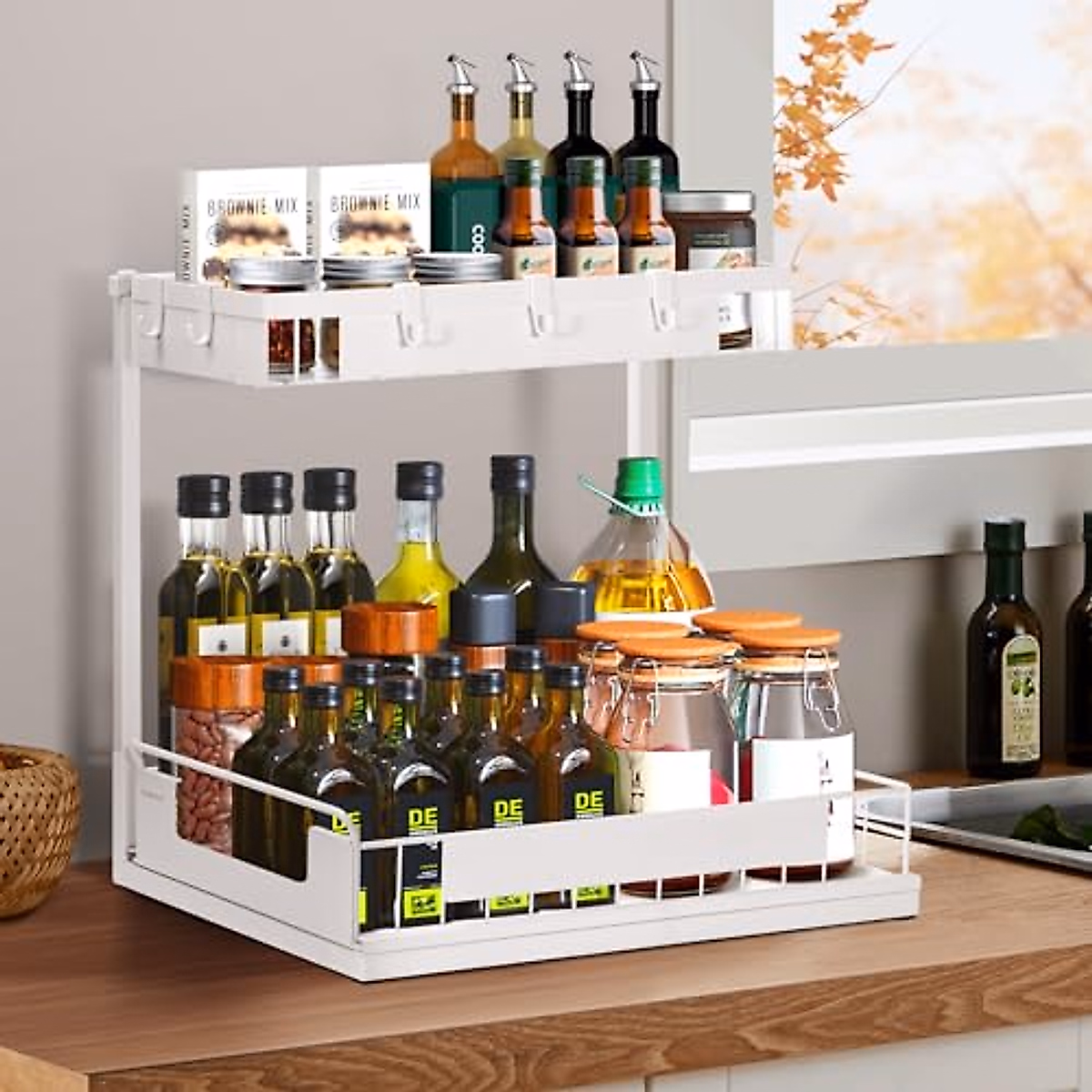 Large Under the Sink Organizer Bathroom, 2-Tier Kitchen Under the Sink Organizers and Storage with 4 Hooks, Cabinet Storage Shelves No Drilling Rustproof Stainless Steel Pull Out Shelf, White