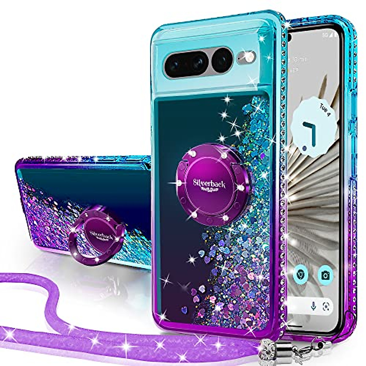 Silverback for Pixel 7 Pro Case, Moving Liquid Holographic Sparkle Glitter Case with Kickstand, Girls Women Bling Diamond Ring Slim Protective Case for Google Pixel 7 Pro, Purple
