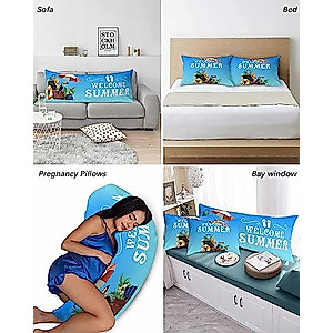 Edwiinsa Welcome Summer Pillow Covers Standard Size Set of 2 20x26 Bed Pillow, Blue Summer Beach Seaside Camping Plush Soft Comfort for Hair/Skin Cooling Pillowcases with Envelop Closure