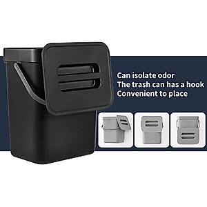 Domiella 2 Pack 1.3 + 0.8Gal Hanging Small Trash Can with Lid, Kitchen Compost Bin for Counter Top Under Sink, Sealed Food Waste Bin, Mountable Indoor Compost Bucket for Cupboard/Bathroom (Black)