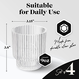 American Atelier Vintage Art Deco Fluted Drinking Glasses | Ribbed Glassware for Cocktail, Gin, Whiskey, & More | Modern Glassware | Lowball Fluted Cocktail Glasses | Set of 4 | 9 Oz (Clear)