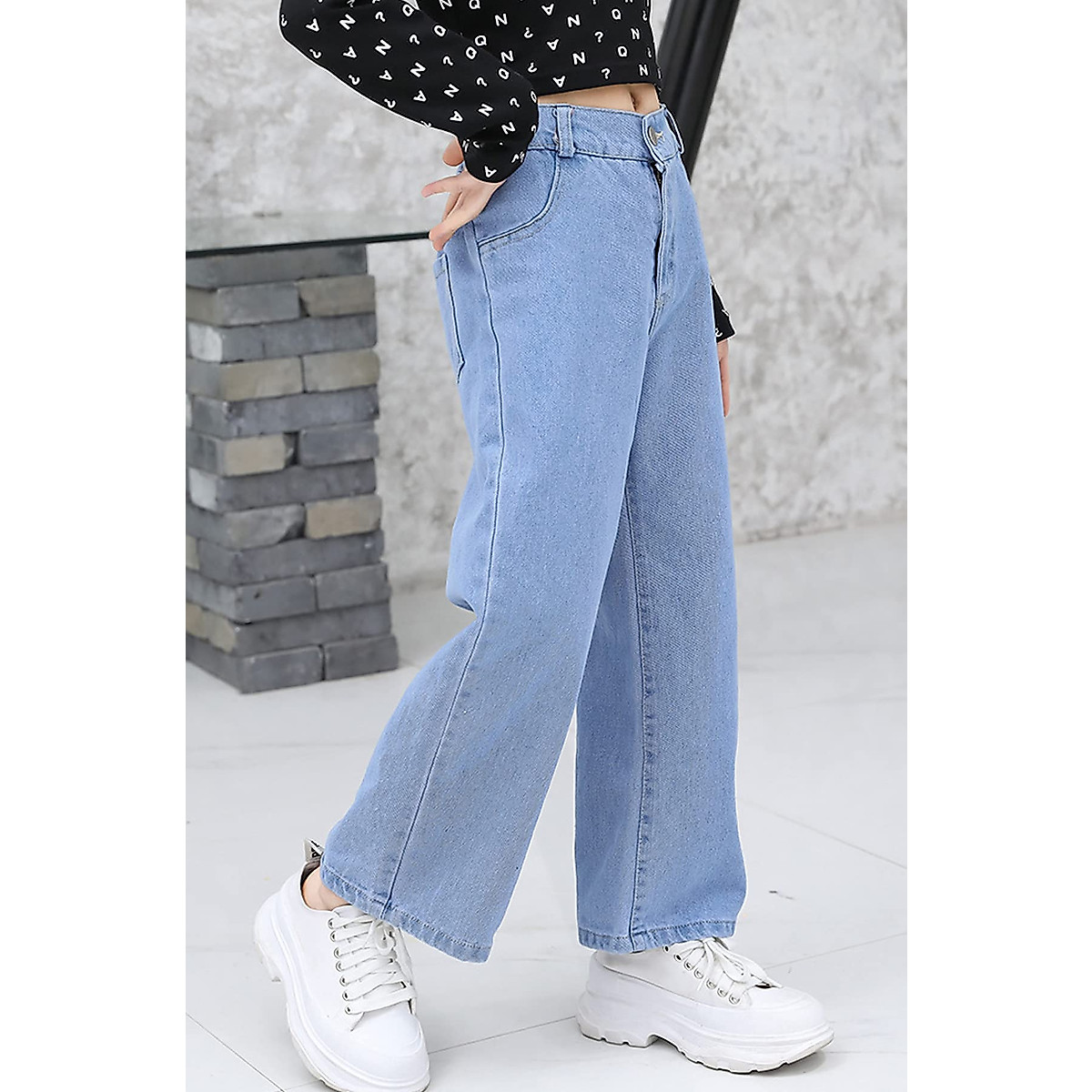 Milokado Big Girls Kids Jeans Casual Elastic Waist Wide Leg Demin Pants Size 5-13 Years (Blue Z, 12-13 Years)