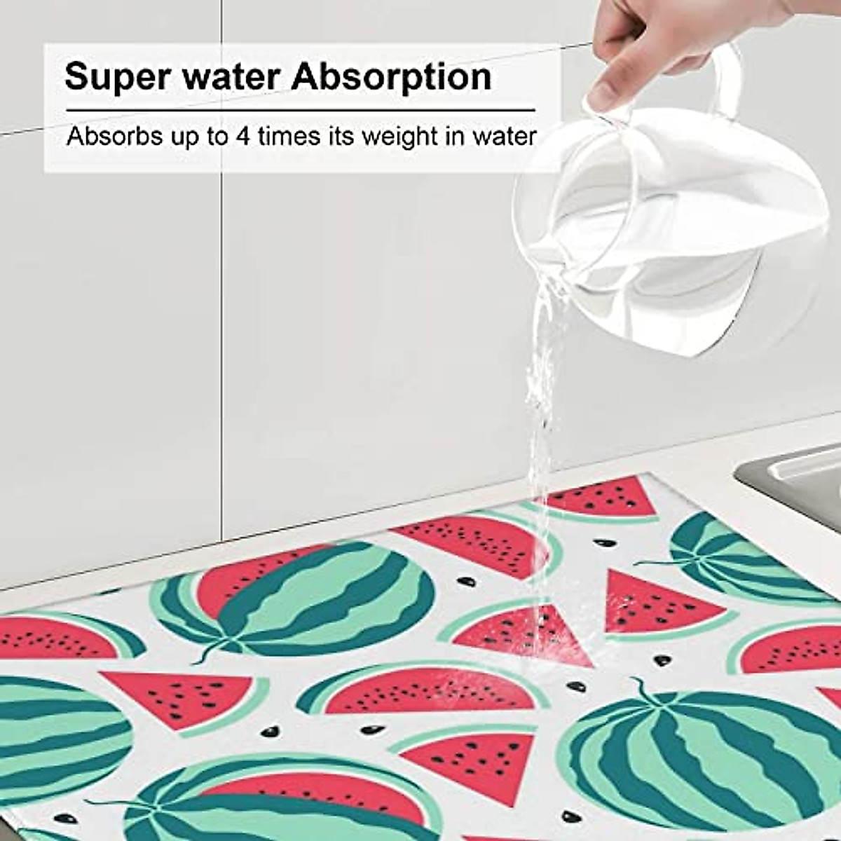 Fruits Watermelon Printed Drying Mat For Kitchen Ultra Absorbent Microfiber Dishes Drainer Mats Non-Slip Silicone Quick Dry Pad - 18 X 16inch