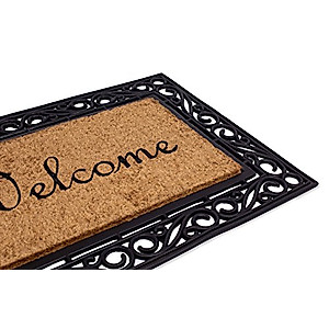 BirdRock Home Classic Welcome Brush Coir Doormat with Black Rubber Scroll Border, 24 x 36 Inch - Elegant Design