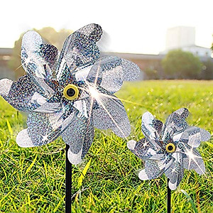 BATTIFE 10 Pack Reflective Pinwheels for Yard and Garden, Pre-Installed Bird Blinder Sparkly Pin Wheel, Scare Birds & Animal Away Wind Spinner (Sliver)
