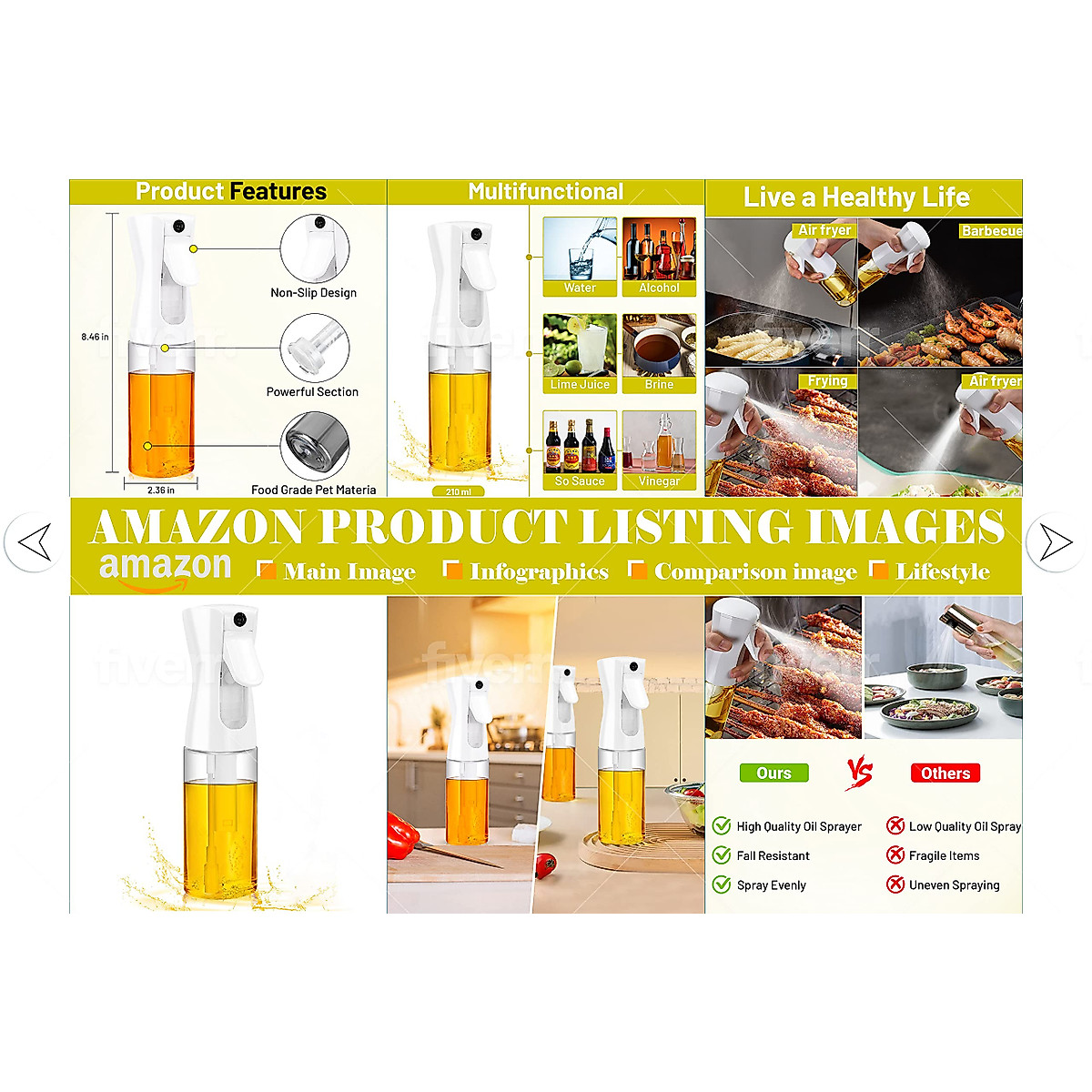 Oil Sprayer Glass Bottle for Cooking, 200ml, Reusable, Food Grade for Air Fryer, Salad, Baking, Frying, BBQ