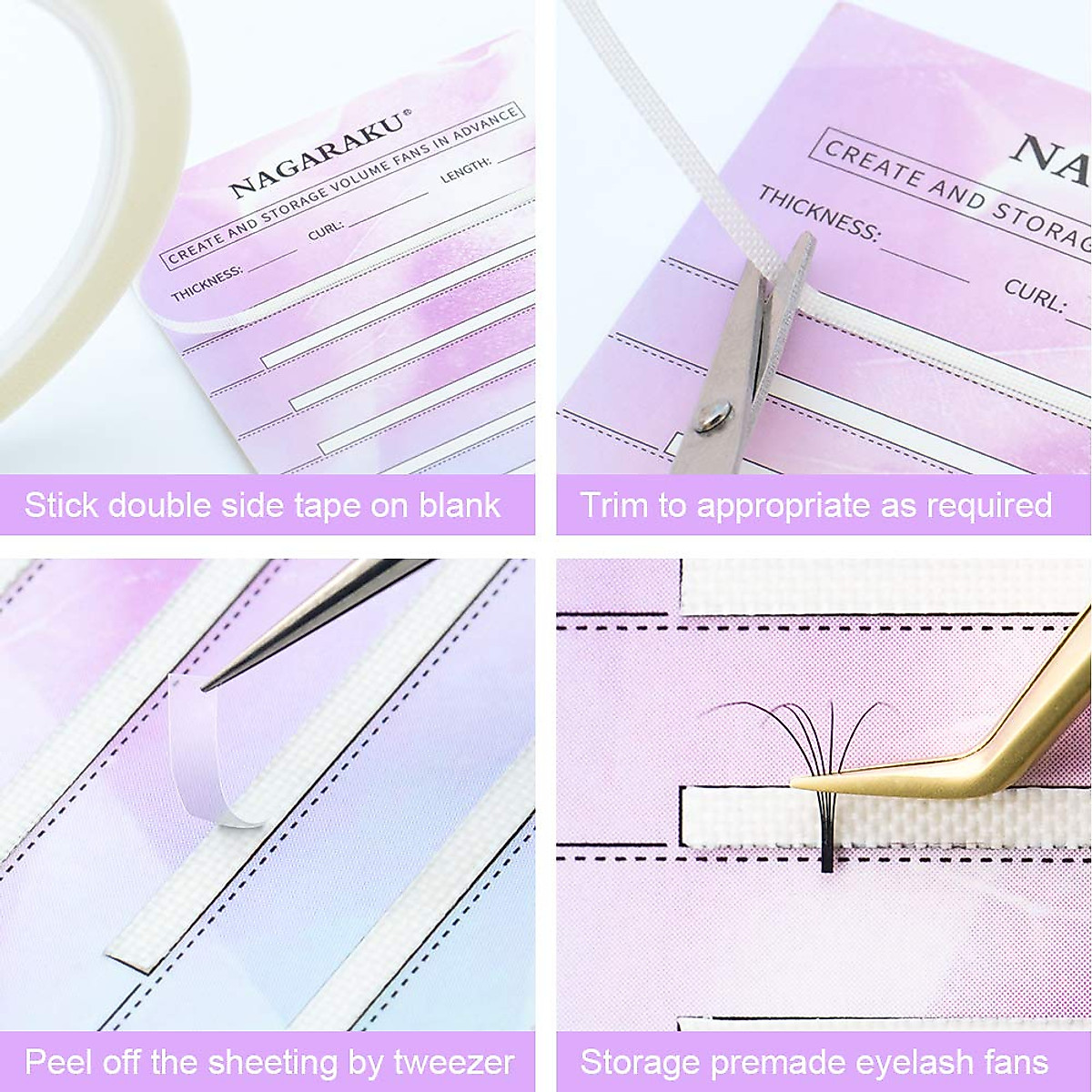 NAGARAKU Eyelash Extension Storage Card Premade Fans Volume Lash Storage 2mm Sticky Strip False Eyelashes Paper Card (20 Sheets with 1 Roll Tape)