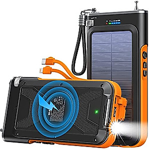 BLAVOR Solar Power Bank with FM Radio,Portable Wireless Charger 20000mAh External Battery Pack 15W QC 3.0 Fast Charging,Bright Flashlight, Compatible with Smartphones and All USB Devices (Orange)