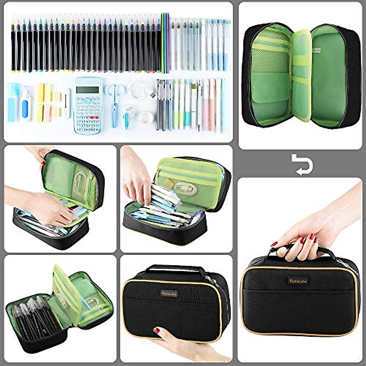 Homecube Pencil Case Big Capacity Storage Pen Bag Makeup Pouch Zippered Students Stationery Bag with Outer Pockets and Handle- 8.23x5.12x3.15- Black