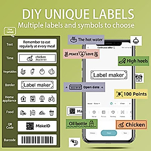 Makeid Label Maker Machine with 2 Tapes (Green+ Transparent) 3/5 inch or 16mm USB Rechargeable Thermal Label Printer for Android iOS Cute Fonts Emoji Stickers Fast and Easy, Green