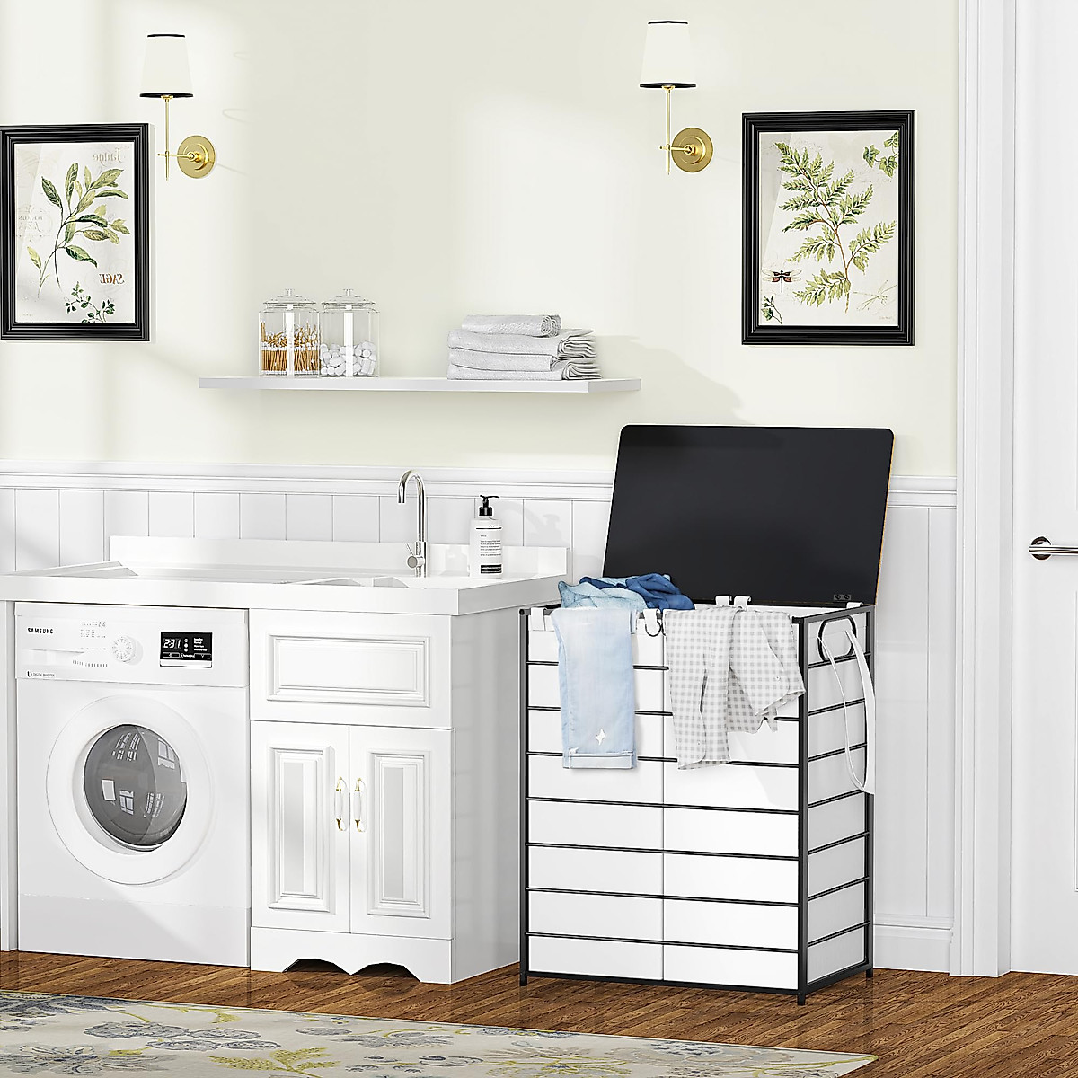 Laundry Hamper with Lid 2 Section, Double Laundry Basket Separation Organizer with Cover, Dirty Clothes Hamper, Large Capacity Iron-Made Laundry Sorter Laundry Room Organization