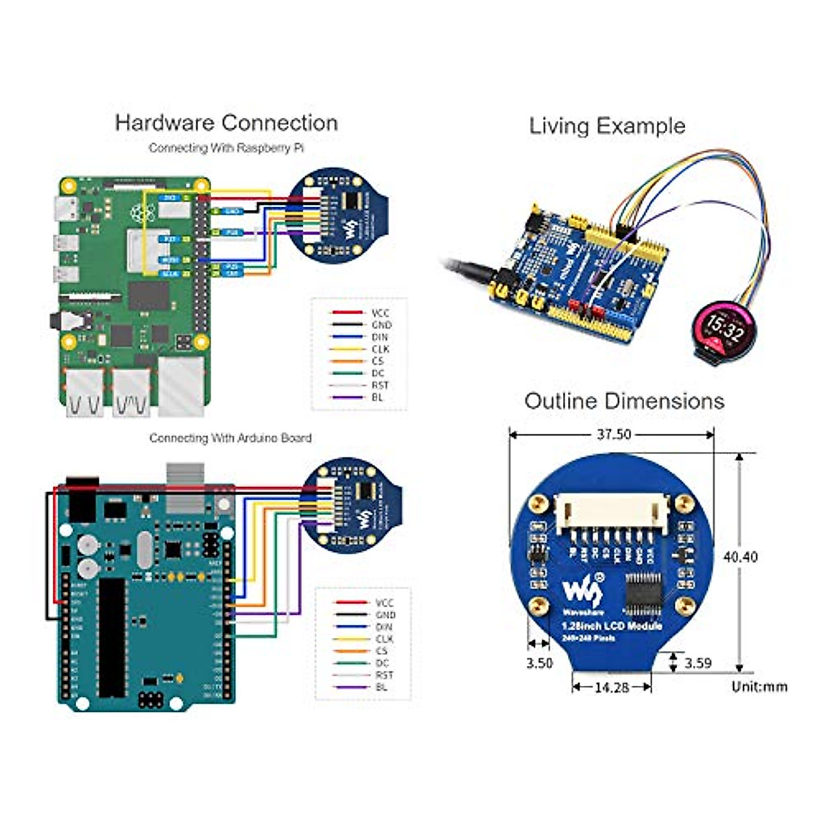 Waveshare 1.28inch Round LCD Display Module 65K RGB Colors 240×240 Resolution with SPI Interface Embedded GC9A01 Driver, Raspberry Pi 5/4B/3B/Zero/Zero W/Zero 2W/Pico/Pico W/Pico WH