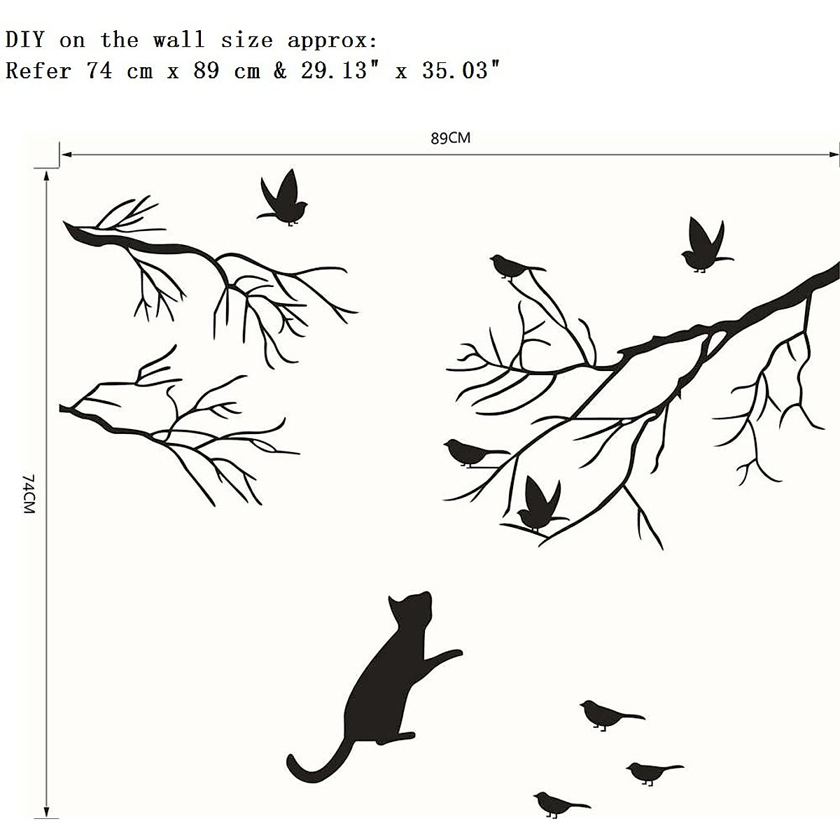 BIBITIME Vinyl Black Cat Staring at Birds on Tree Branch Wall Decal for Living Room Glass Door Window Nursery Bedroom Children Kids Baby Rooms Decor Home Art Murals