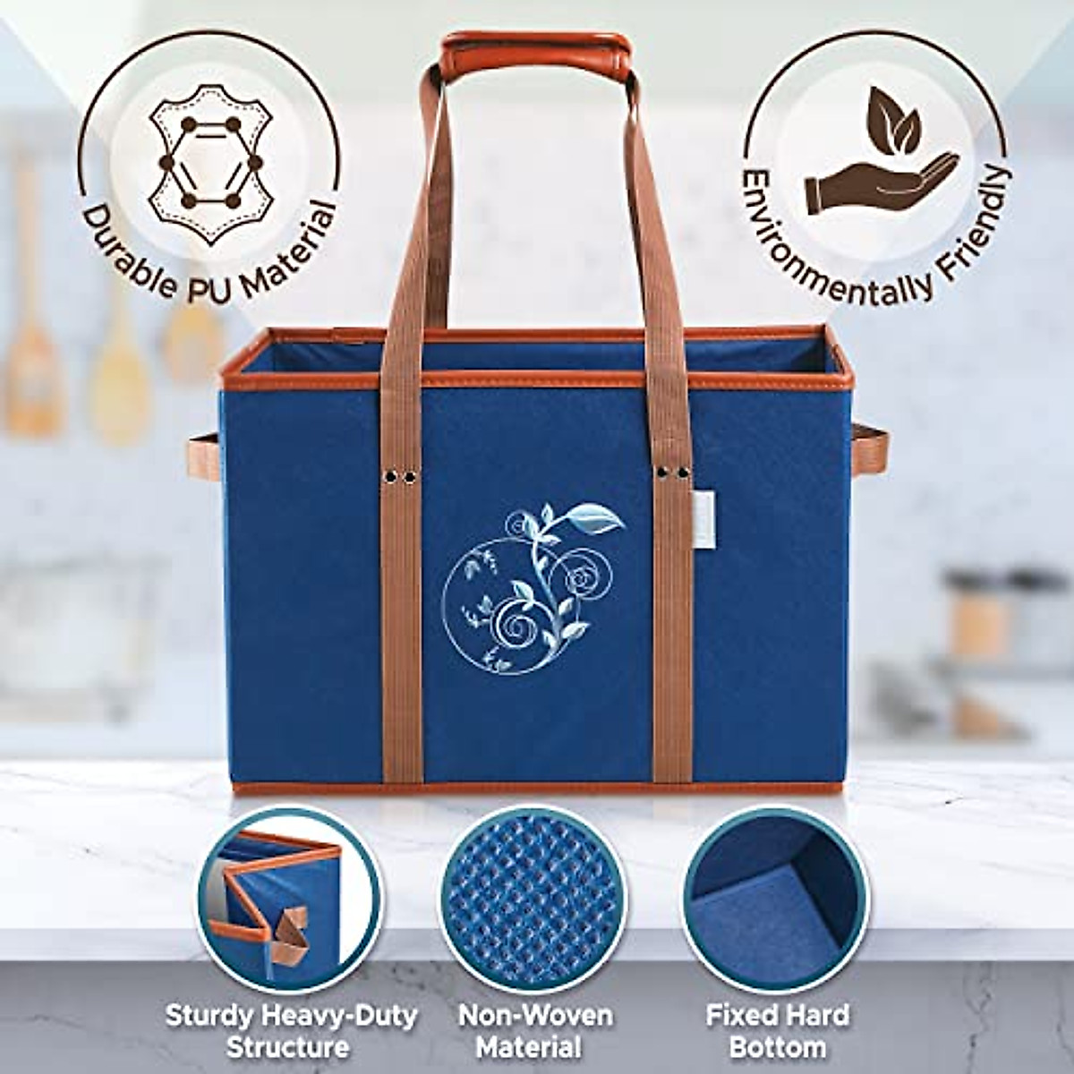 Liviable Reusable Grocery Shopping Bags, Foldable, Heavy Duty Tote, Box Bags with Long Handles and Solid Bottom, Large - Set of 3, Navy Blue