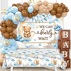 DataMoon We Can Bearly Wait Baby Shower Decorations - Baby Boxes with Letters,Boho Balloons,We Can Bearly Wait Backdrop,Tablecloth for Teddy Bear Baby Shower,Birthday Supplies,Gender Reveal