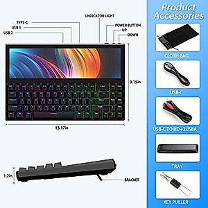 Fagomfer FICIHP K2 12.6" Touchscreen Gaming Mechanical Keyboard,71 Keys Portable USB Wired RGB Backlit Compact Keyboard,Plug and Play Multifunctional Split Screen Keyboard for Windows Mac Android