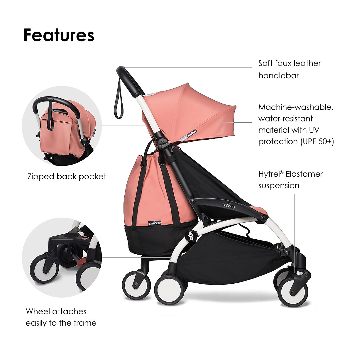 BABYZEN YOYO2 Stroller + YOYO Bag - Includes White Frame, Ginger Seat Cushion, Ginger Canopy, Ginger YOYO Bag, Wheel Base & Hooks - Suitable for Children Up to 48.5 Lbs