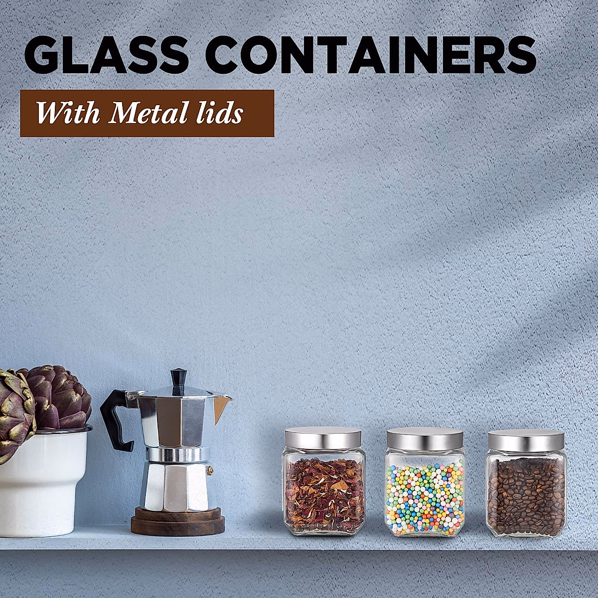 Roshtia 6 Pcs Square Glass Jars Food Storage Containers Glass Jars with Silver Metal Lids Square Glass Storage Containers with Lids Glass Canisters Airtight for Coffee Spices Food Kitchen (37 Oz)