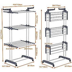 HOMIDEC Clothes Drying Rack, Oversized 4-Tier(67.7" High) Foldable Stainless Steel Drying Rack Clothing, Movable Drying Rack with 4 castors, 24 Drying Poles & 14 Hooks for Bed Linen, Clothing, Grey