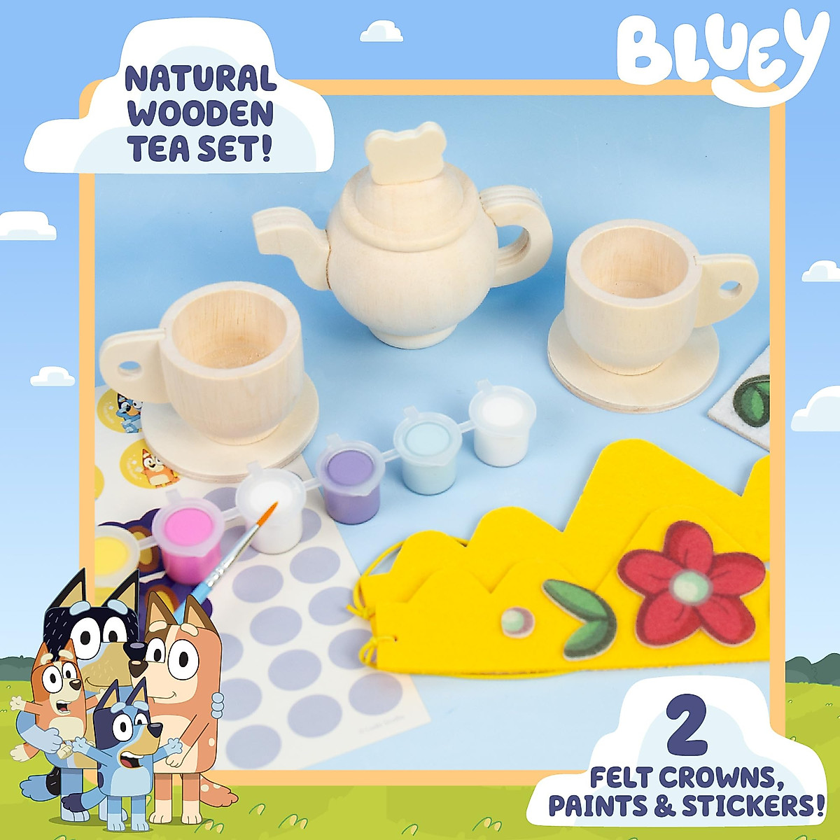 Bluey Paint & Play Tea Party, 6-Piece Wooden Tea Set, Customize with Paint & Bluey Stickers, 2 Wearable Crowns, Fun Toys for Kids, Cute Birthday Party Decorations, Pretend Play Tea Party, Bluey Toys