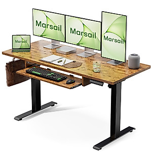 Marsail Standing Desk Adjustable Height with Full Size Keyboard Tray, 55" Electic Adjustable Desk with 4 Memory Presets Cable Management 2 Storage Hooks, Sit Stand Up Desk for Home Office, Vintage
