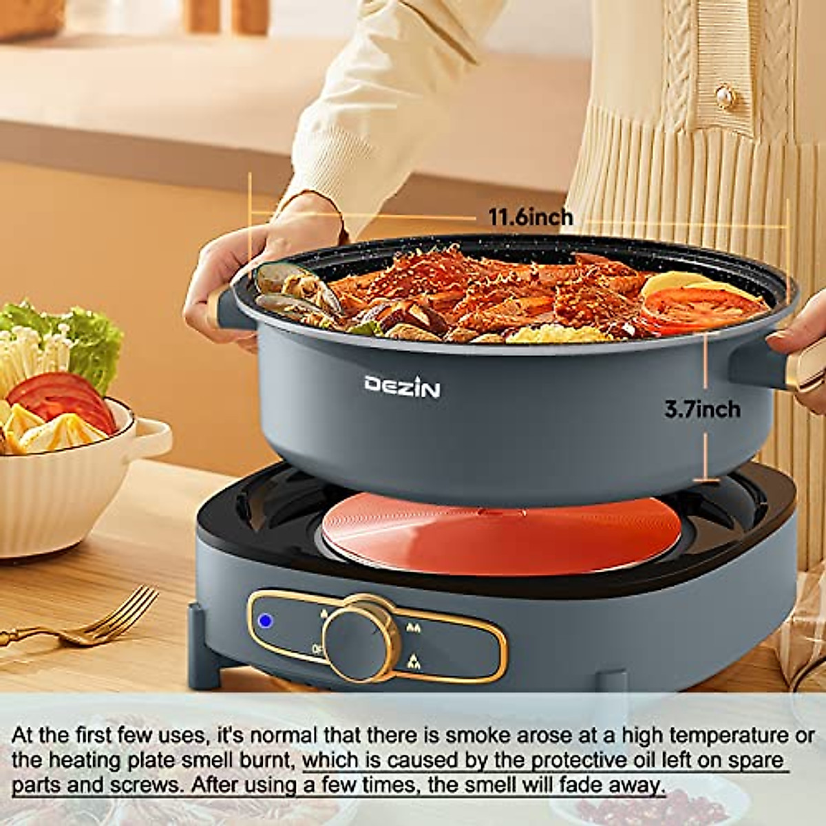 Dezin Electric Shabu Shabu Hot Pot with Removable Pot, 4L Electric Non-Stick Hot Pot with Multi-Power Control, 3.7" Depth Electric Cooker with Tempered Glass Lid for Party, Family and Friend Gathering