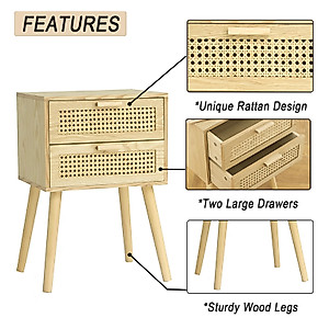 AWASEN Rattan NightStand Set 2, Nightstand Set of 2 with Drawers, Bedside Table with Storage and Solid Wood legs, Rattan Side Table End Table for Bedroom (Natural)
