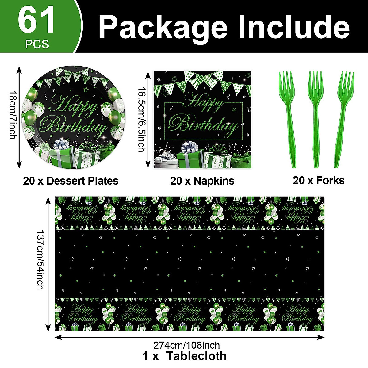 Green Happy Birthday Party Supplies Green Silver Black Party Tableware Includes Confetti Sprinkles Plates Napkins Fork and Green Birthday Tablecloth for Birthday Parties Decorations Set Serve 20