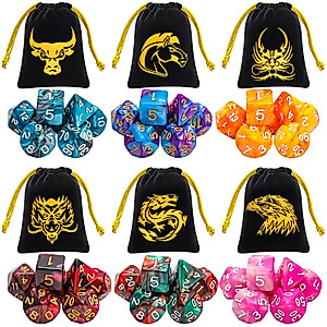 QMay DND Dice Sets - 6 X 7 Polyhedral Dice (42pcs) with 6 Drawstring Bags for Dungeons and Dragons, RPG, MTG,Role Playing Table Game