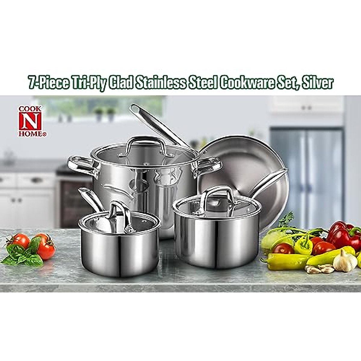 Cook N Home 7-Piece Tri-Ply Clad Stainless Steel Cookware Set, Silver,2644