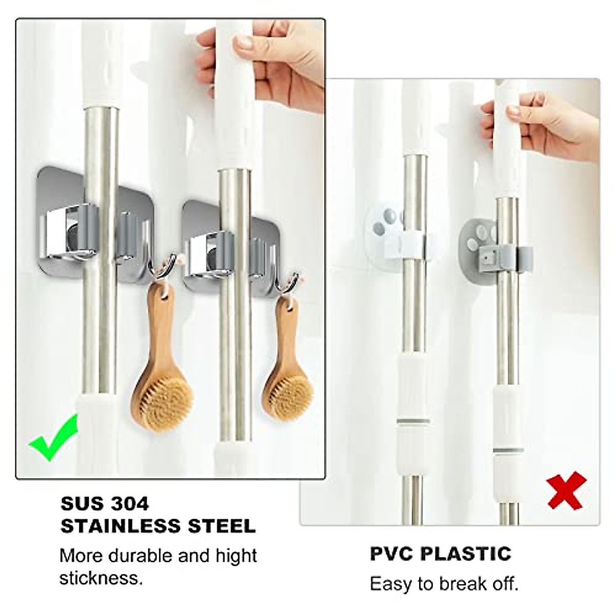 Drek Crek Mop Broom Holder Wall Mounted Heavy Duty No Drill, Adhesive Mop Broom Organizer, 304 Stainless Steel Mop Hanger Wall Mount Stick on w Hooks for Bathroom,Kitchen,Closet,Garage,Garden, 4PCS