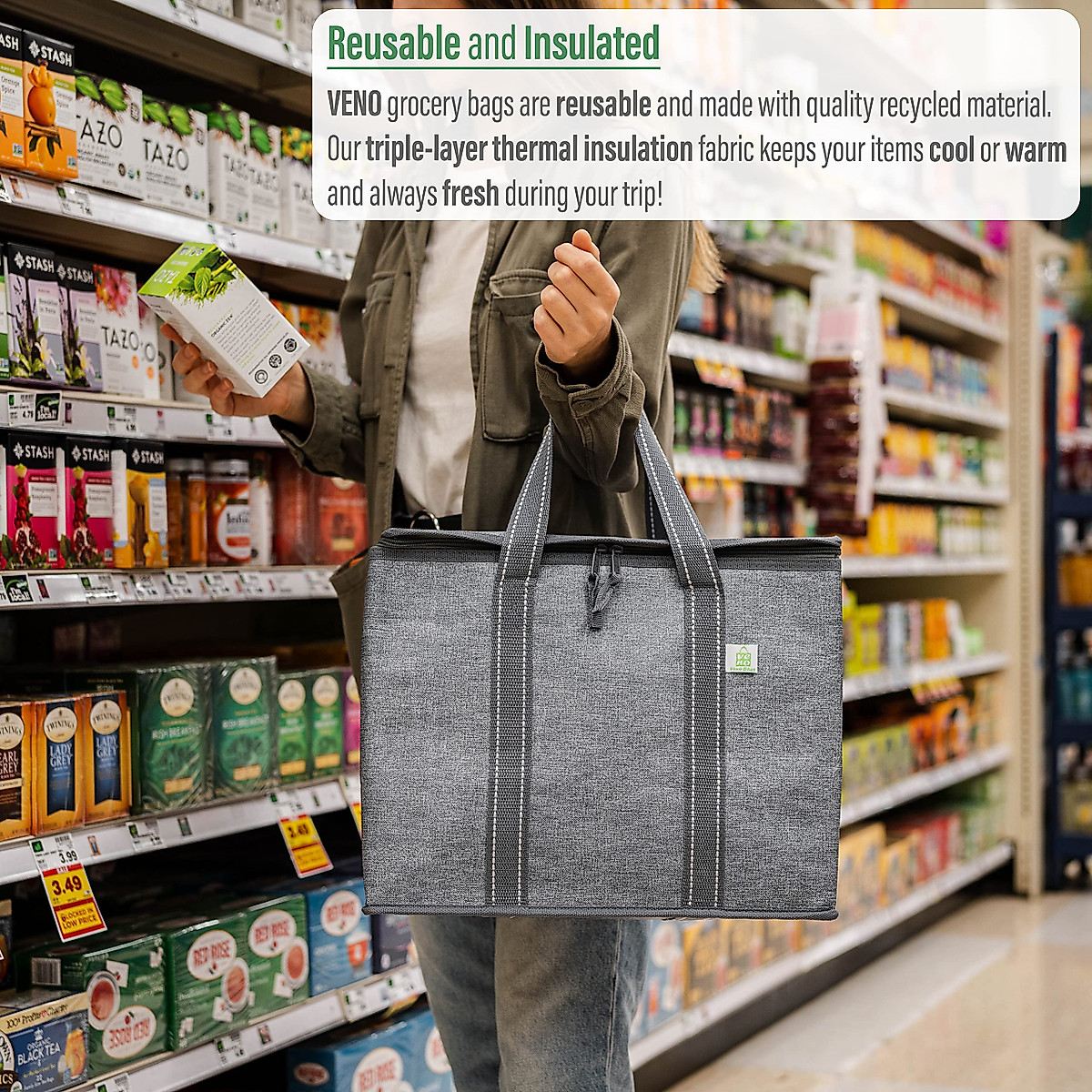 VENO 2 Pack Cooler Bag and Insulated Grocery Bags for Food Delivery, Collapsible Cooler. Reusable Shopping Bags for groceries with Hard Bottom, Zippered Top, Foldable, Heavy-Duty (Gray, 2 Pack)