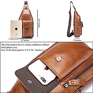 BULLCAPTAIN Genuine Leather Sling Backpack Multi-pocket Chest Bag Crossbody Daypack with Earphone Hole XB-121(Brown)